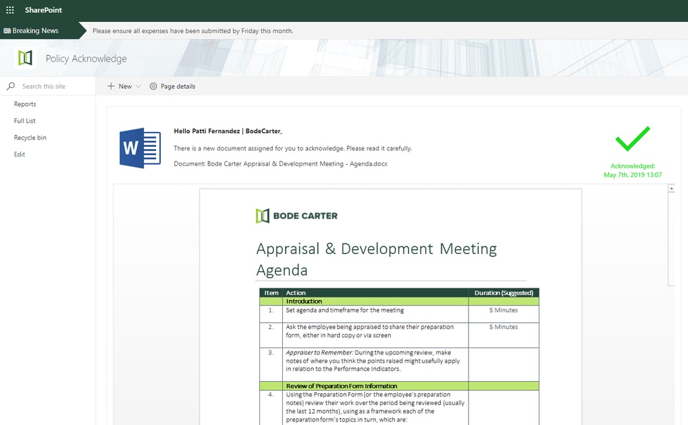 Creating a Policy Acknowledgement